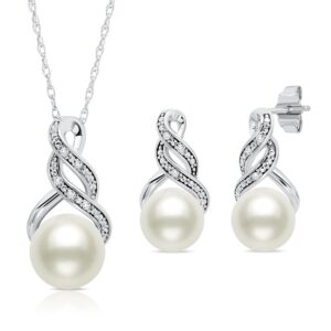 max + stone sterling silver pearl jewelry set with diamonds | freshwater pearl earrings & necklace for women | real pearl necklace and earring set | silver pearl earrings and necklace set for women