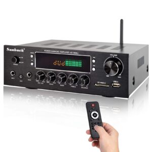 wireless bluetooth home audio amplifier – 400w dual channel home theater sound compact stereo receiver system w/fm radio, usb/sd, aux, rca, mic in, remote control for sweet sound. (sunbuck as-90bu)