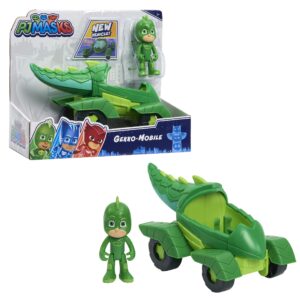 pj masks gekko & gekko mobile, 2-piece articulated action figure and vehicle set, green, kids toys for ages 3 up by just play