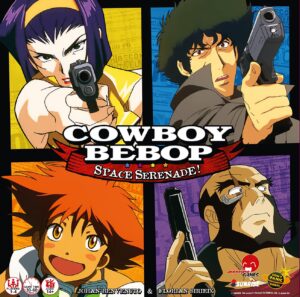 japanime games cowboy bebop: space serenade | from the creator of harmonies | cooperate to take down vicious | 1-4 players | ages 14+ | 30-90 min play time