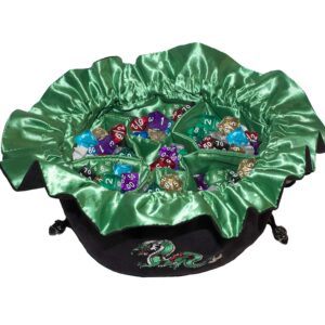 large dice bag with pockets – embroidered green dragon dnd dice bag | green satin interior lining | man-handles 150+ dice