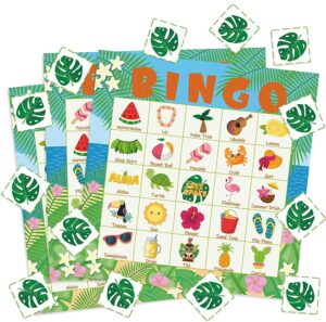 watinc 41pcs hawaiian bingo game, tropical summer party games with 24 players, hawaiian bingo cards for kids school classroom party supplies activity, luau party favors gifts for kids toddlers