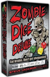 zombie dice deluxe dice game, adults and family, fast pace dice game, zombie apocalypse theme, ages 10+, for 2+players, average play time 10-20 minutes, from steve jackson games,red