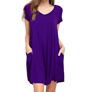 shakumy women casual plain simple loose t shirts dress summer short sleeve tunic tops dress pockets v neck swing dress