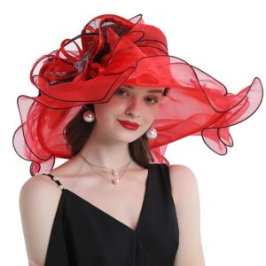 go mai women hats organza butterfly decoration wide brim occasion event kentucky derby church dress sun hat red