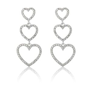 rarelove bling cz crystal interlocking three heart hollow dangle stud piercing earrings for women silver plated alloy valentines gift for her