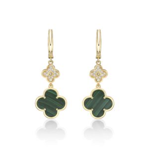 lavari jewelers elegant flower drop earrings for women - green malachite & cubic zirconia in 925 sterling silver clover dangle earrings - hypoallergenic yellow gold plated - secure hinge post