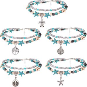 suyi sea turtle ankle bracelet set multilayer beach anklets handmade boho anklets for women 5pcs