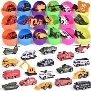 fun little toys 18packs easter eggs prefilled with die-cast cars toy vehicles for toddlers, easter party favors / basket stuffers, goodie bags fillers, classroom prizes