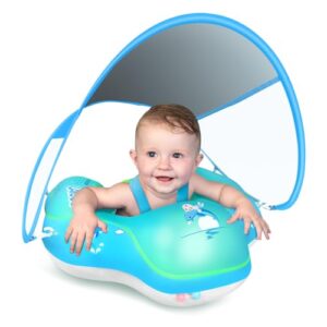 laycol baby swimming float inflatable baby pool float ring newest with sun protection canopy,add tail no flip over for age of 3-36 months (blue, l)