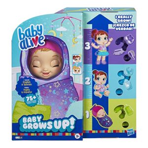 baby alive baby grows up (dreamy) - shining skylar or star dreamer, growing and talking baby doll, toy with 1 surprise doll and 8 accessories, blue