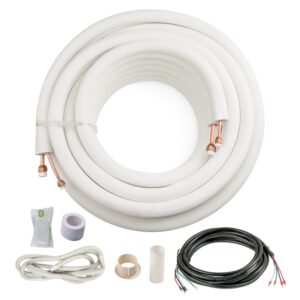 icool 25 ft. mini split line set, 1/4" & 3/8" o.d. twin copper pipes, 3/8" thickened pe insulated coil copper line for air conditioner hvac refrigeration and heating equipment, with fittings