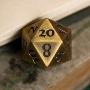 kakapopotcg extra large solid metal gold d20 dice 20 face with black numbers extra heavy dnd standard dice dnd5e ttrpg tabletop rpg golden dice