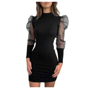 shakumy women puff mesh long sleeve round neck bodycon pencil party mini dress casual elegant cocktail club short dress