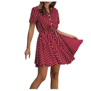 shakumy women short sleeve button swing mini dress casual summer plaid stripe snakeskin loose tunic shirts short dress