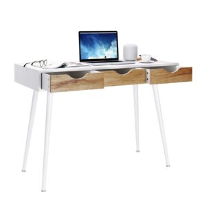 soges mid century desk with drawers, 3-drawer writing study desk, 43.3 inches home office computer desk for small space, multifunctional vanity table desk, white