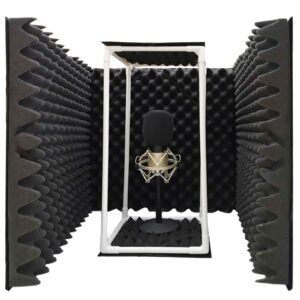 troystudio large microphone isolation shield, foldable vocal booth reflection filter, 2 inches thick acoustic foam panel music sing podcast recording studio adjustable sound box for desk & laptop