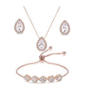 udylgoon zirconia teardrop necklace earrings bracelet jewelry set for bride bridesmaid wedding party prom (rose gold)