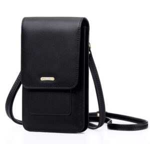 peacocktion small crossbody cell phone bag for women, leather shoulder bag card holder phone wallet purse (black)