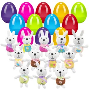 cakka easter eggs with toys inside, 12 pack prefilled easter eggs with bunny animal plush, 3” pre filled plastic easter eggs, easter fillers stuffers toys for toddlers 1-3 baby girls