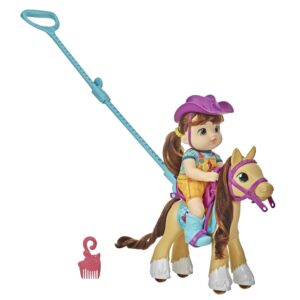 baby alive littles, lil’ pony ride, little mandy doll and pony with push-stick, accessories, brown hair toy for kids 3 years old and up