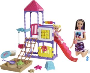 barbie skipper babysitters inc. climb 'n explore playground dolls & playset with babysitting skipper doll, toddler doll, play station, moldable sand & accessories for kids 3 to 7 years old