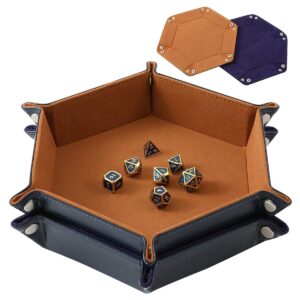 grajar 2 pcs portable folding dice rolling tray set for rpg dnd table games - pu leather and velvet holder storage box - navy blue and camel