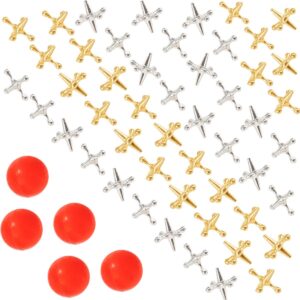 biubee 5 sets retro metal jacks and ball game- 50 pcs gold and silver toned jacks with 5 red rubber bouncy balls, classic game of jacks for party favor, game prizes, kids and adult of all ages