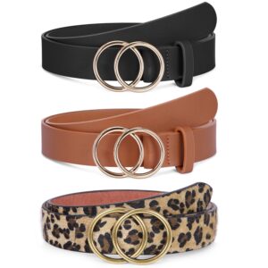 xzqtive 3 pack women's leather belts for jeans dresses pants fashion ladies waist belt with gold buckle