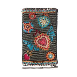 mary frances flaming hearts beaded crossbody phone bag, pewter