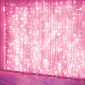 amadecohome curtain lights, pink room decor 8 modes led string lights for garden, teen girls' room, party, window, wall and valentines day decor