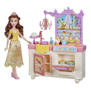 disney princess belle's royal kitchen, fashion doll and playset with 13 accessories, mrs. potts, and chip, toy for girls 3 years and up