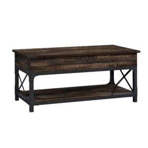 sauder steel river rustic industrial style lift top coffee table, coated metal and carbon oak