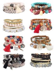 loyallook 8 sets bohemian stackable bead bracelets for women stretch multilayered boho stackable bracelets stack beads multicolor beaded strand bangle charm bracelets boho tassel bracelet set handmade