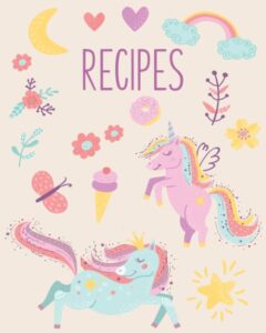 recipes: blank recipe book for kids | create your own personal cookbook to save and share your favorite recipes | cute unicorn cover design in pink, purple, and aqua