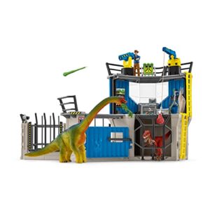 schleich dinosaur toys science playset - 33-piece set research station with brachiosaurus, velociraptor, men scientist action figures, and dart cannon, kids figurines for ages 4 and above