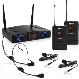 pyle compact uhf wireless microphone system-pro portable dual channel desktop digital set w/ 2 belt-pack transmitter, receiver, 2 headset, lavalier mics, xlr, for home, pa (pdwm2958b.5)