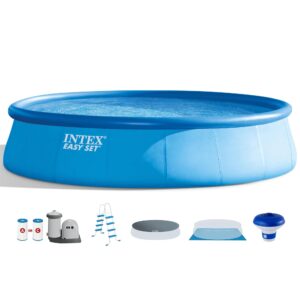 intex easy set 18' x 48" round inflatable above ground swimming pool set with filter pump, ladder, pool cover, and 7" chlorine dispenser