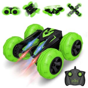 vazillio remote control car for kids, tornado rc stunt car toy, double sided 360° rotate, spin, flip stunt rc cars high speed racing car with headlights, stunt rc crawler for boys & girls (green)