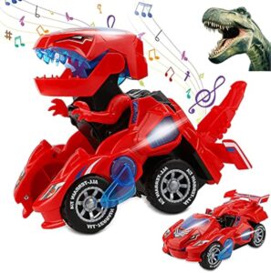 sunnhan transforming toys, 2 in 1 transforming dinosaur led car dinosaur transform car toy automatic dinosaur dino transformer toy car lamps for kids,toddlers ( ages 3-12, red)