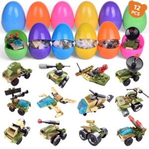 12 pack easter eggs prefilled with vehicle building blocks, military buidling toys for easter eggs hunt, easter party favors for kids, easter basket stuffers, easter gift classroom prizes