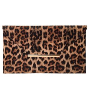 jnb synthetic leather flat envelope leopard print clutch, beige