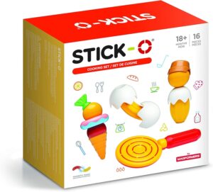 stick o cooking magnetic building blocks toy. preschool stem toy in a baking theme. chunky stacking toy by magformers.