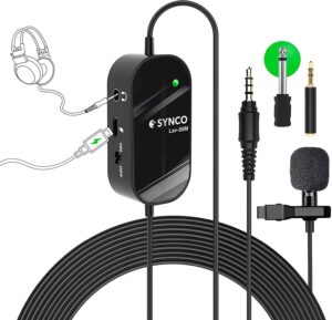 synco lav-s6m lavalier microphone, 3.5mm audio-monitor port clip-on condenser mic support usb charging, 6m/19.7 ft cable noise reduction for youtube, interview, conference, live broadcast