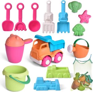 fun little toys 14pcs beach sand toys set, sandbox toys for toddlers 1-3, beach bucket, beach shovel tool kit, rakes, sand mold for kids summer outdoor indoor beach fun