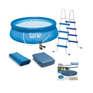 intex above ground swimming pool, ladder with pump and 15’ pool debris cover