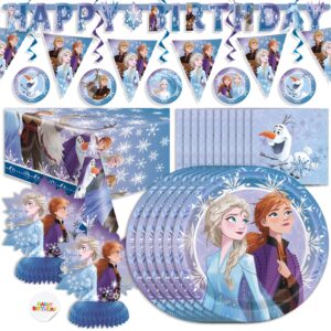 disney licensed frozen birthday party supplies for 16 people. large plates, napkins, elsa & anna centerpieces, banner, swirls, table cover. quality disposable decorations for frozen movie party