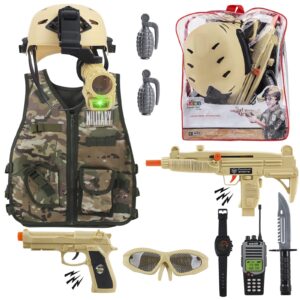 deao army costume for boys, military soldier gear accessories with uniform helmet and storage backpack halloween army combat costume police set dress up toys for kids girls