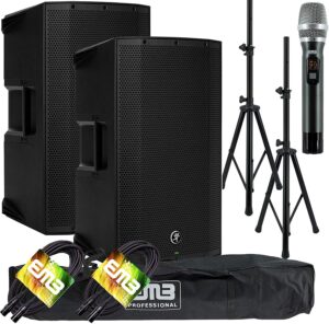 mackie thump15bst thump-15bst boosted 1300w 15" powered loudspeaker (pair) with emb speaker stand + emb microphone and emb xlr cable bundle