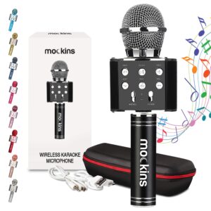 mockins 2 pack black bluetooth karaoke microphone for kids with bluetooth speaker | wireless microphone karaoke compatible w/android & ios | bluetooth microphone wireless | karaoke mic